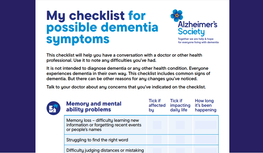 Checklist for possible dementia symptoms | Alzheimer's Society